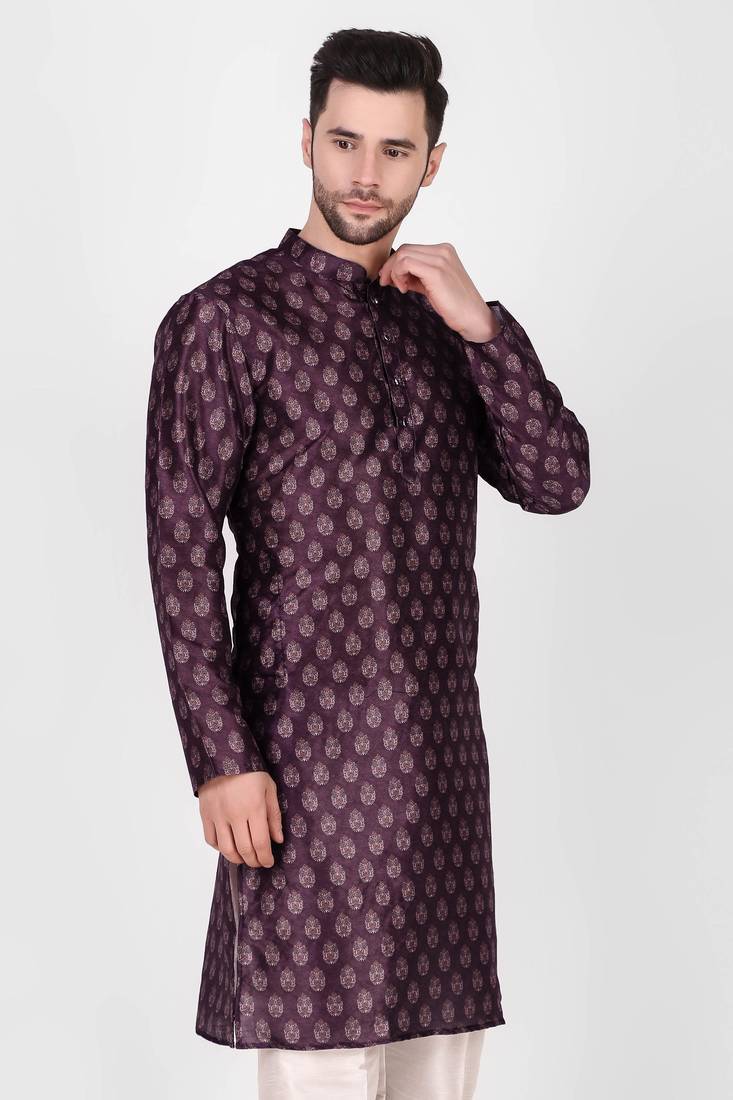 Purple Printed Art_Silk Stitched Kurta-Pajama - Koshin - 4352580