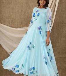SKYBLUE HAND PAINT CHIFFON GOWN DRESS - SUTI KAPDA - 4353470