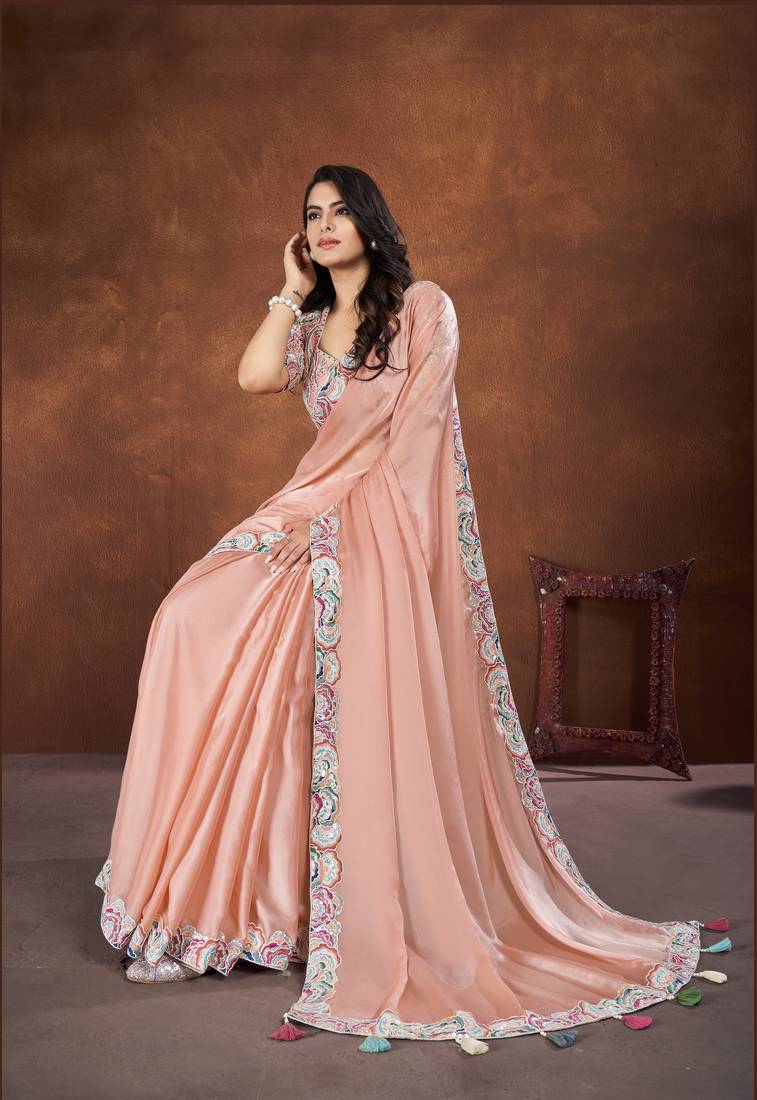ORANGE CRAPE EMBROIDERY WORK FULL STICHED BLOUSE SAREE`` - Mishree ...