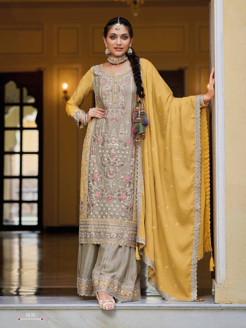 Grey chinon heavy embroidery wedding palazzo suits - Aarshi Fashions ...