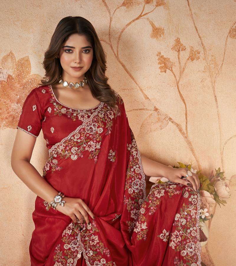 Red Heavy Satin Embroidery Work Unstitched Blouse Saree - Mishree ...