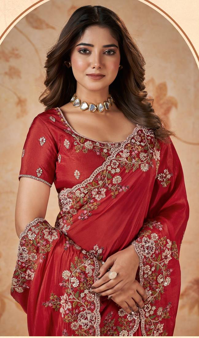 Red Heavy Satin Embroidery Work Unstitched Blouse Saree - Mishree ...