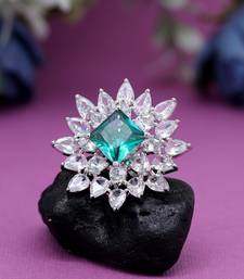 Rama green color american diamond finger ring - Jaipur Mart - 4359850