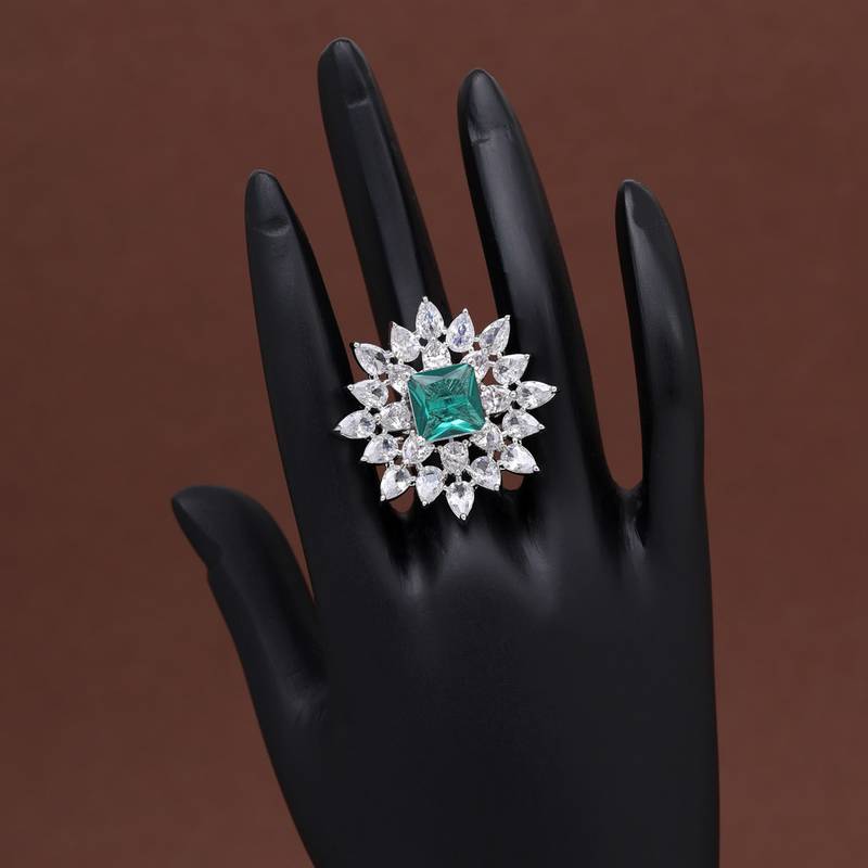 Rama green color american diamond finger ring - Jaipur Mart - 4359850