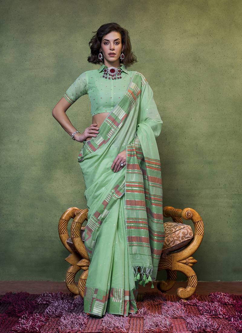 Light green colour cotton handloom lightwear saree for women ...