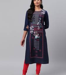 women navy blue polyester ethnic motifs printed straight kurta - AHIKA ...