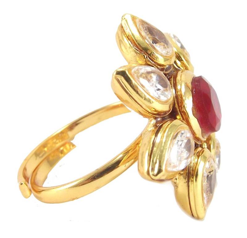 ruby kundan flower design gold plated adjustable finger ring - 9blings ...