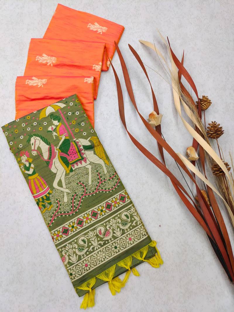 Orange and green colour two tone saree with wedding theme pallu design ...