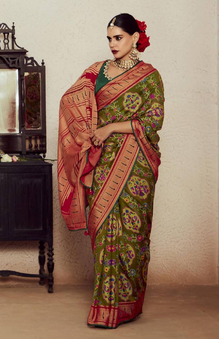 Brasso weaving olive designer saree with unstiched blouse - Monjolika ...