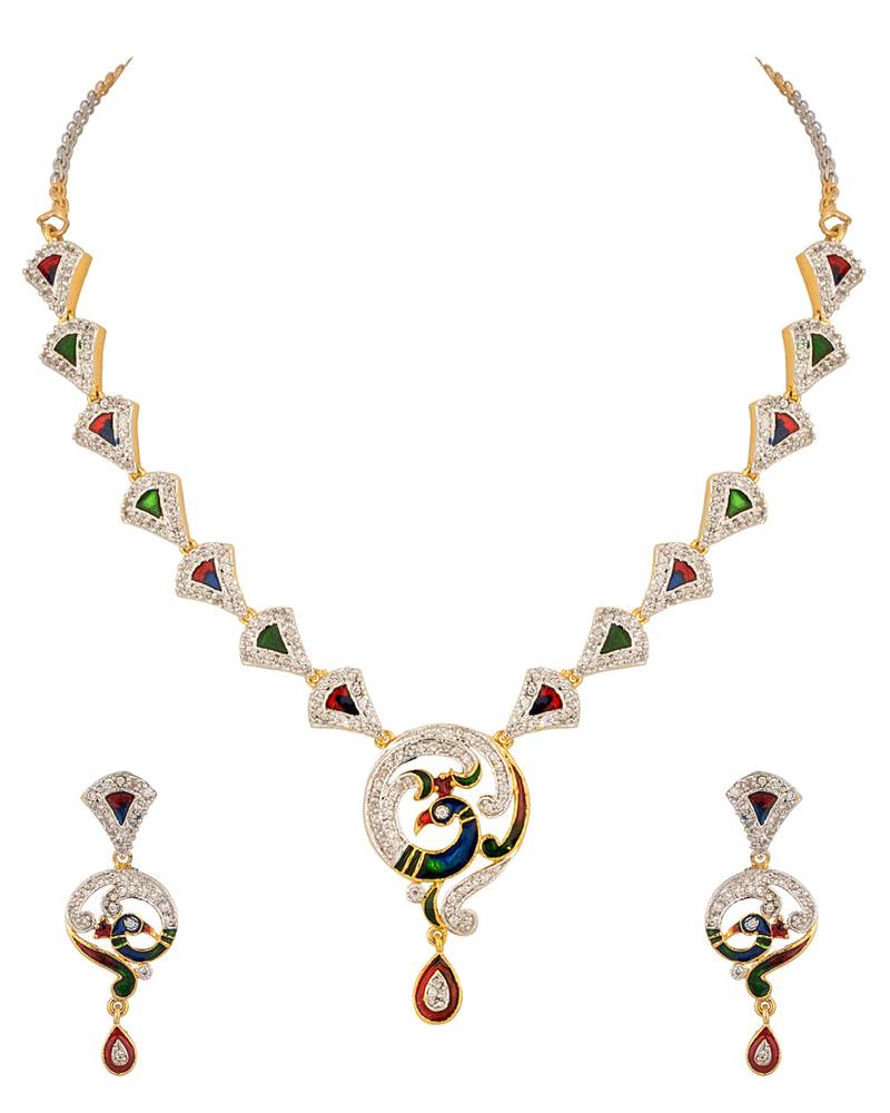 Peacock Necklace Set With Enamel Work And Cz Stones Voylla 670473