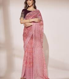 Pink colour printed georgette fabric saree with designer unstitched ...