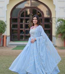 SKY FAUX GEORGETTE WITH RICH FLORAL PRINT WITH SEQUENCE WORK GOWN ...