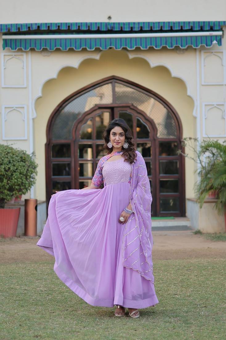 PURPLE LAVENDER FAUX GEORGETTE WITH RICH FLORAL PRINT WITH SEQUENCE ...