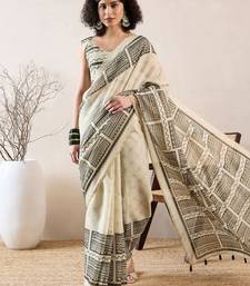 women off white linen blend geometric printed saree - AHIKA - 4422680