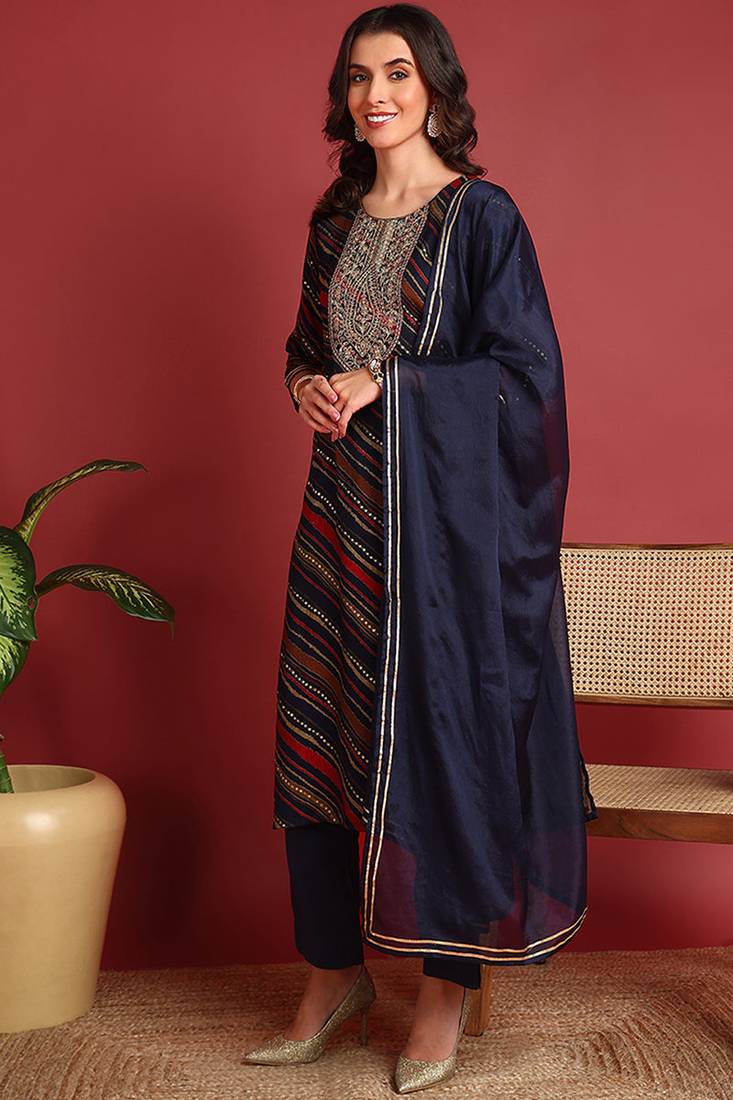 Blue embroidered viscose rayon stitched readymade suit - NOZ2TOZ - 4443826