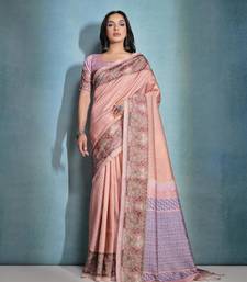 Peach Beautiful Cotton Blend Weaving & Floral Print Border saree With ...