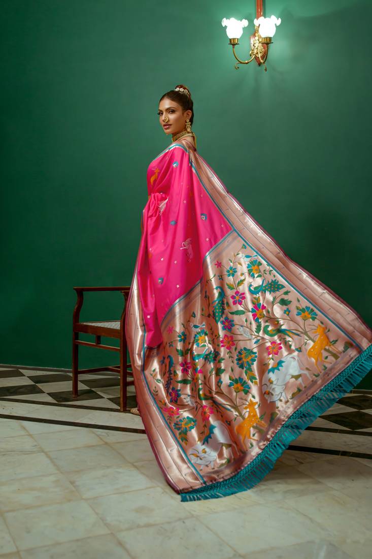 Rani Pink Paithani Silk Zari Weaving Border & Designer Rich Pallu Saree ...