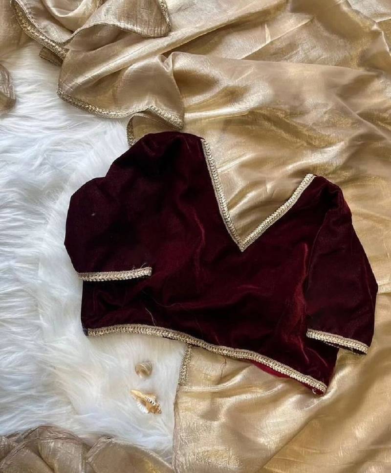 Chiku Colour Pure Tissue Crush Silk Blend Saree With Velvet Stitched ...