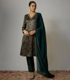 Teal green satin hand embroidered angrakha kurta set - VANA ETHNICS ...