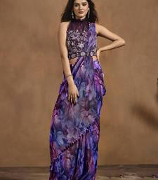 Violet pure satin pure hand work ready to wear saree with stitched ...
