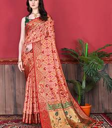 Peach Paithani Silk blend Printed Saree - Prayosha Clothing - 4565186