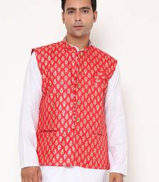 red nehru jacket with golden floral motif accents. - Leeza Store - 4610888