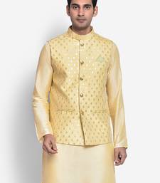 Men's Yellow woven design nehru jacket - Kisah - 4620167