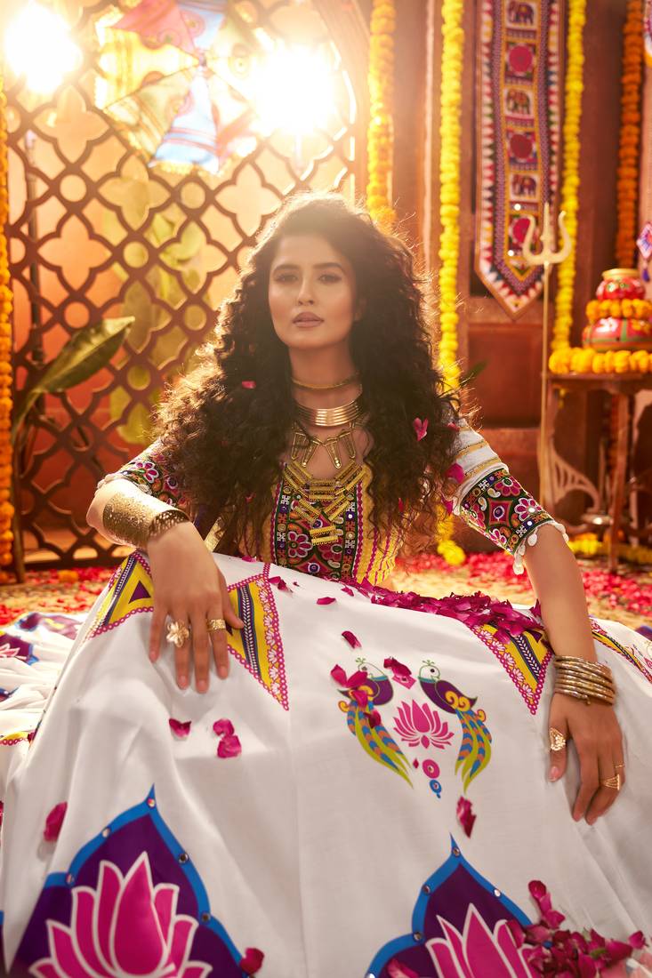 White Lotus-Print Cotton Navratri Lehenga Choli with Mirror Sleeves ...
