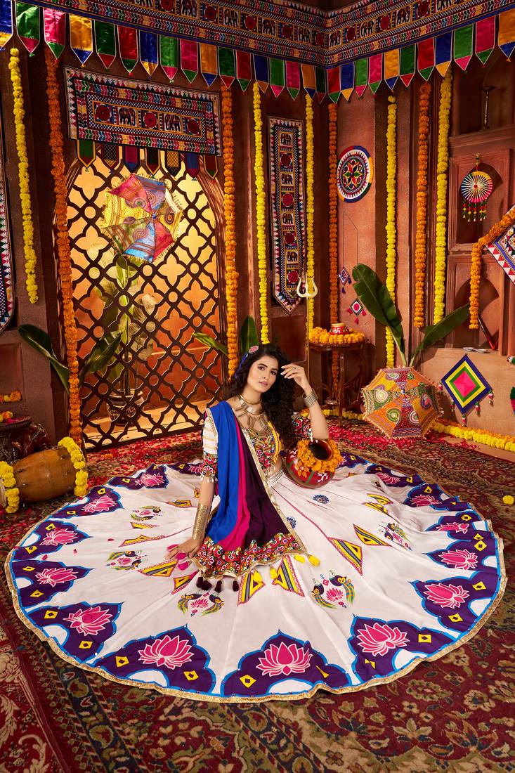 White Lotus-Print Cotton Navratri Lehenga Choli with Mirror Sleeves ...