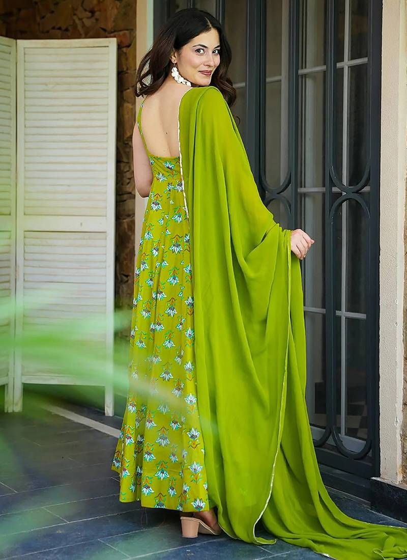 Light green heavy digital printed rayon gown style with dupatta for ...