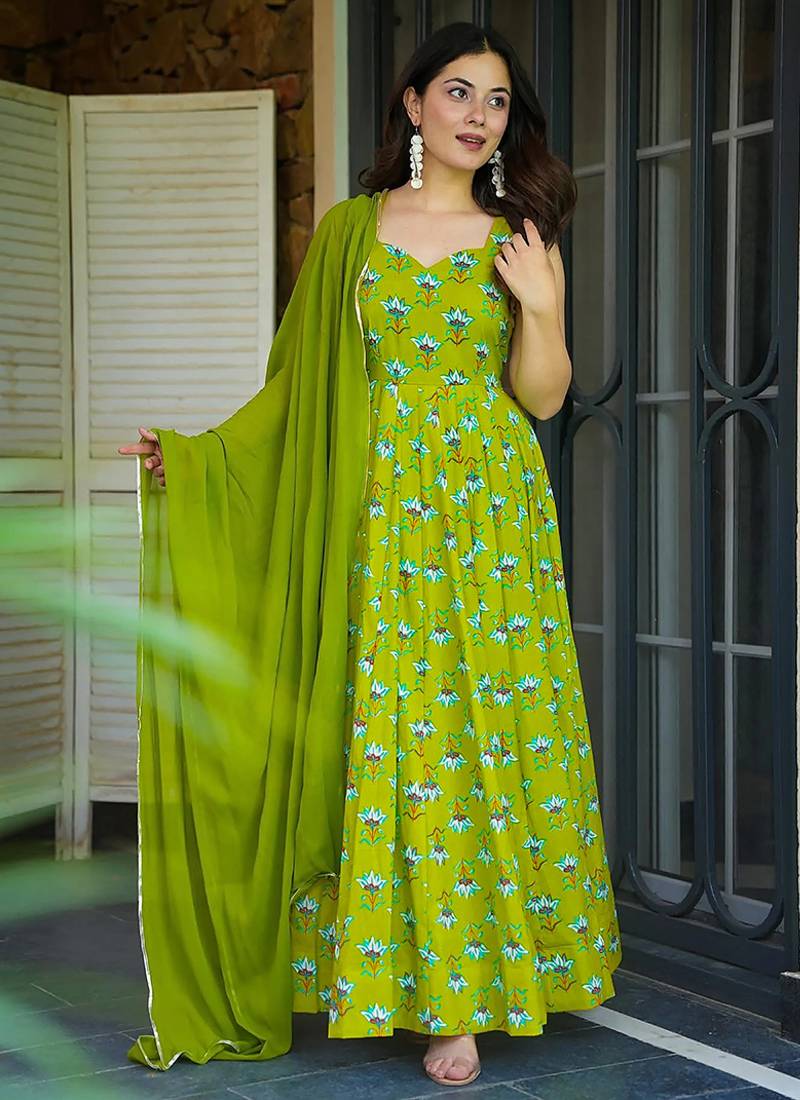 Light green heavy digital printed rayon gown style with dupatta for ...