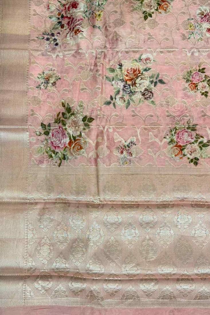 Banarasi digital print cotton silk saree in lightpink with zari booti ...