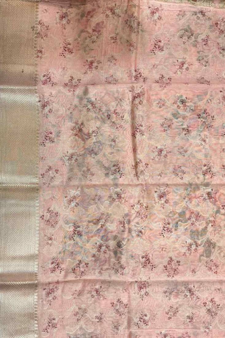 Banarasi digital print cotton silk saree in lightpink with zari booti ...