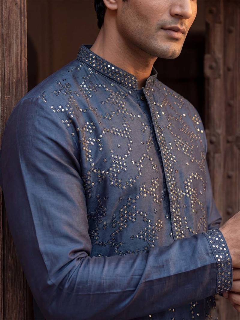 Mens silk blend Blue solid embroidered kurta - Ethnic Bay - 4775394