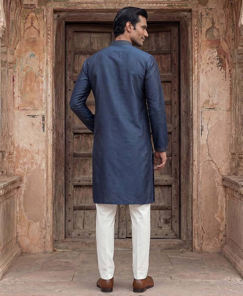 Mens silk blend Blue solid embroidered kurta - Ethnic Bay - 4775394