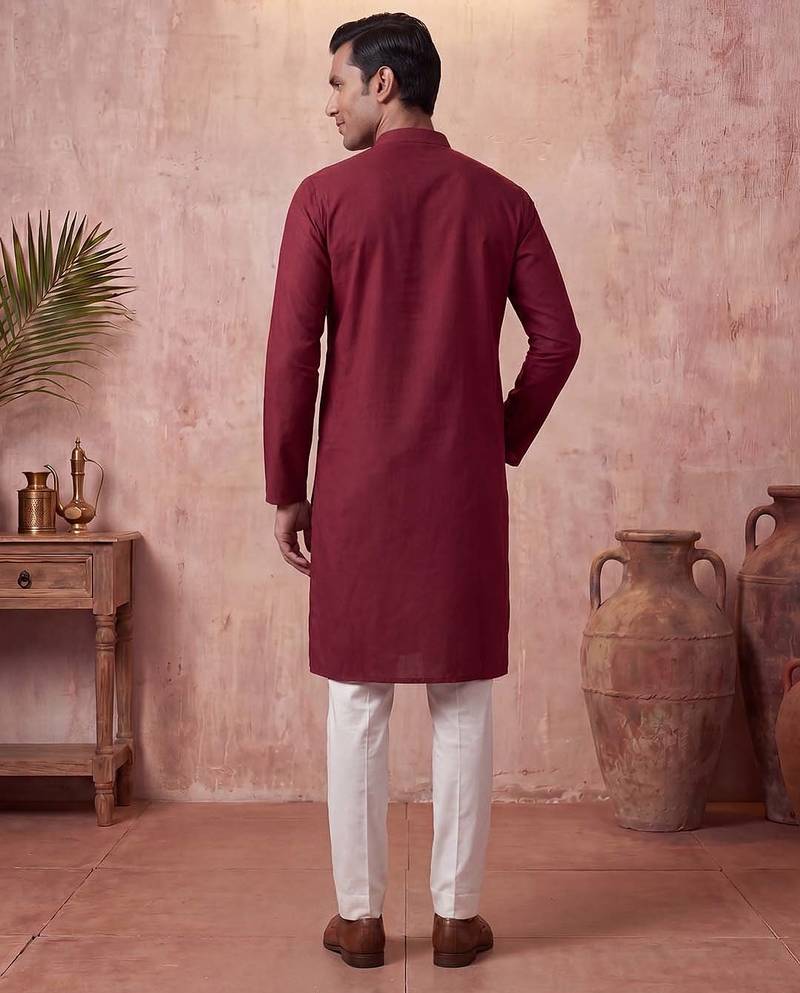 Mens silk blend maroon solid embroidered kurta - Ethnic Bay - 4775398