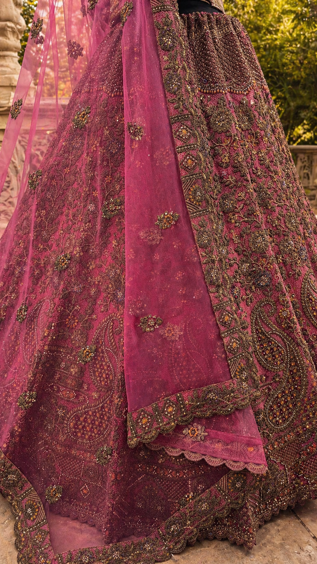 Pink Fancy Multi Thread Embroidery Dori-Sequin And Zircon Bridal Net ...