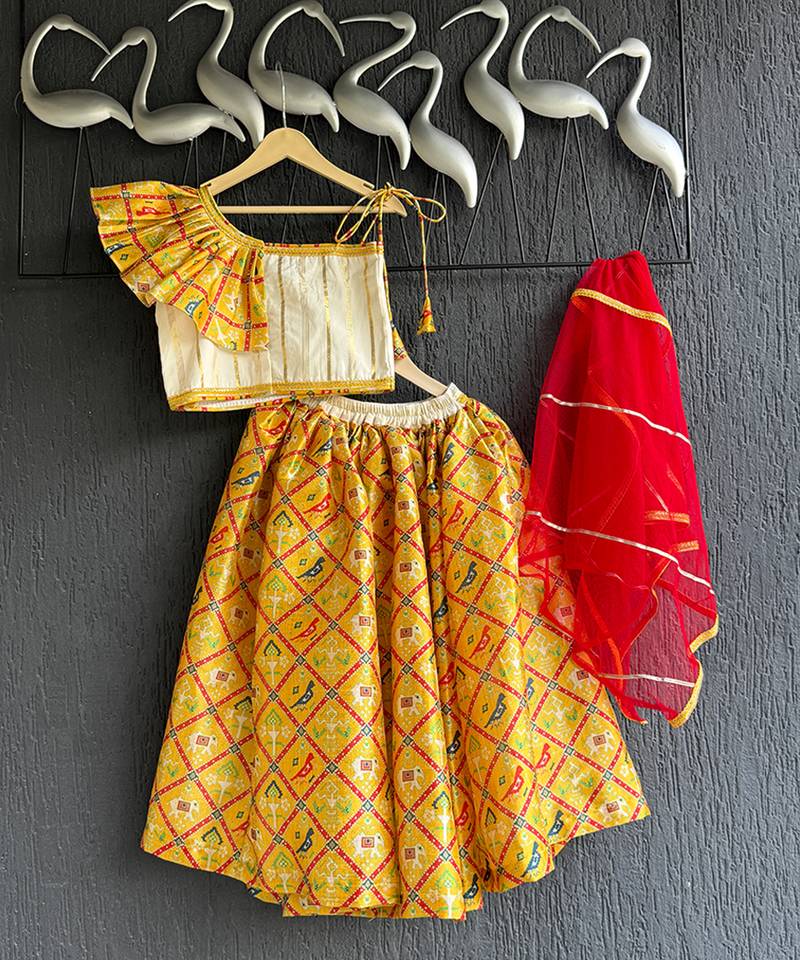 Mustard yellow printed cotton silk lehenga set - The little Tales - 4779916