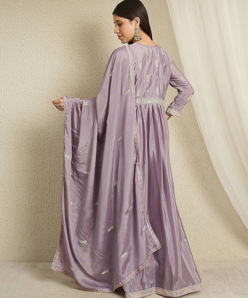 Purple chinon stitched gown with embroidered dupatta full sleeve ...