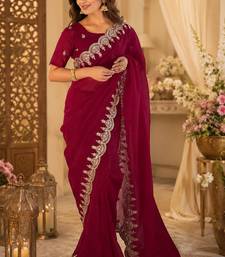 maroon embroidered party wear shimmer chiffon saree with silver ...