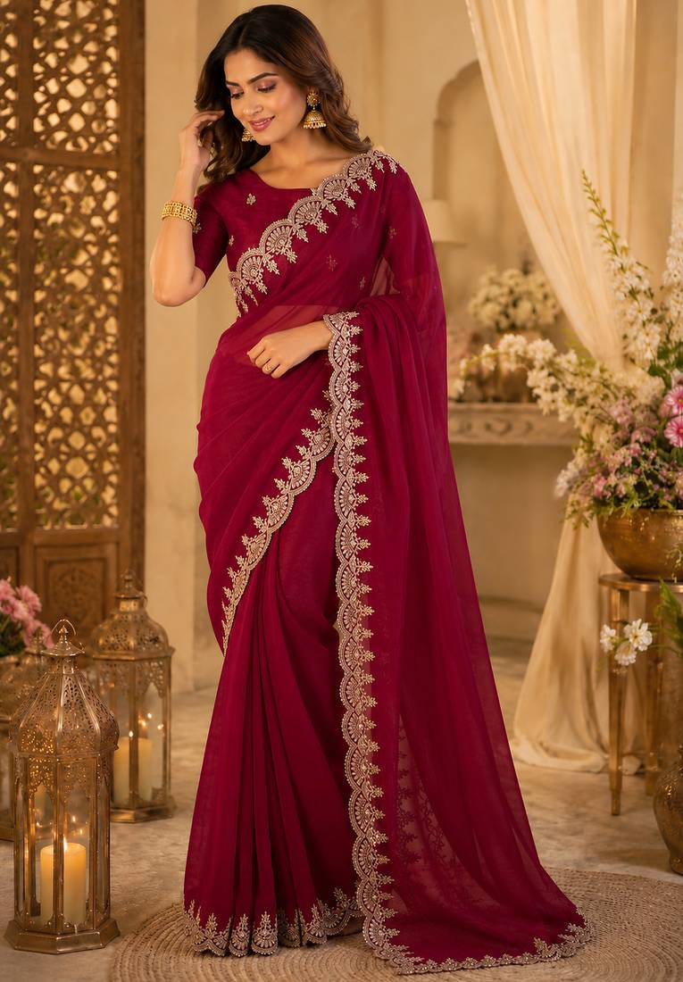maroon embroidered party wear shimmer chiffon saree with silver ...