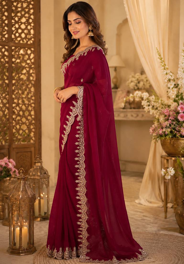 maroon embroidered party wear shimmer chiffon saree with silver ...