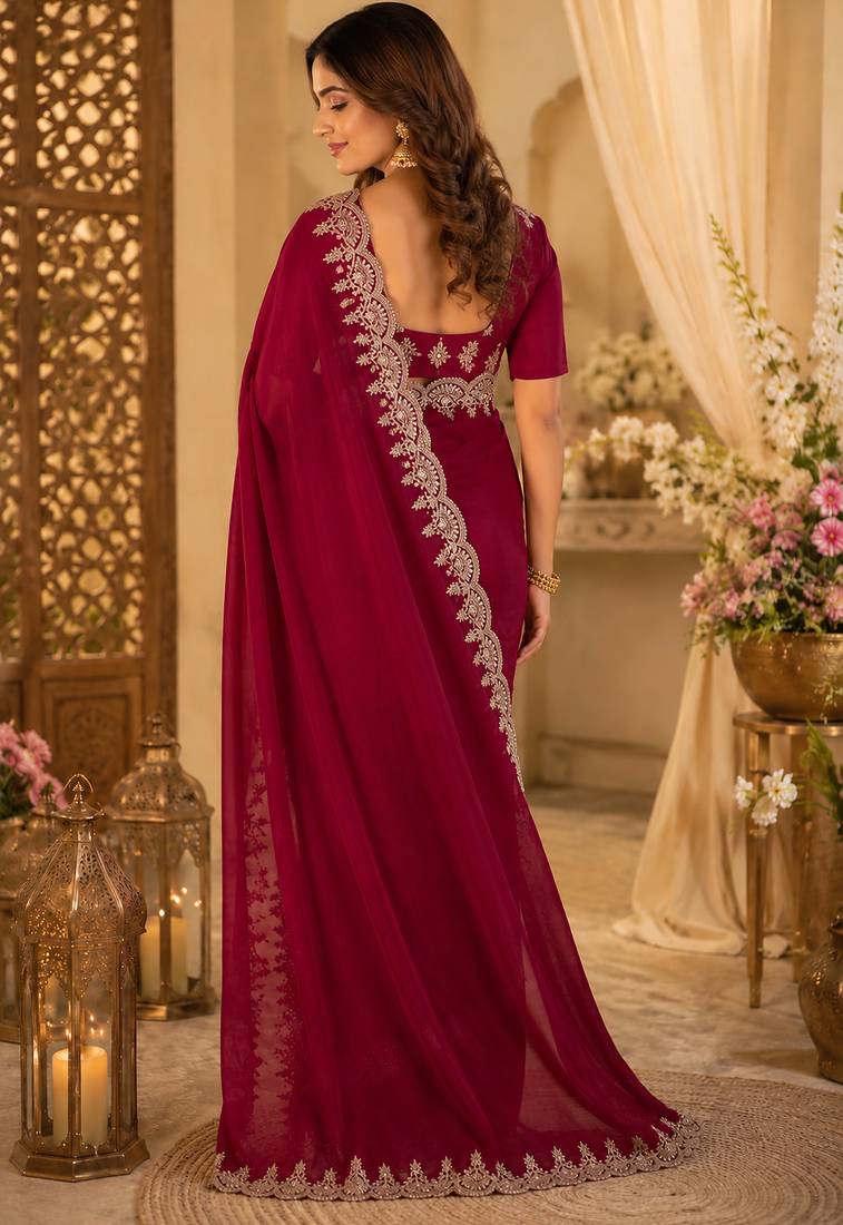 maroon embroidered party wear shimmer chiffon saree with silver ...