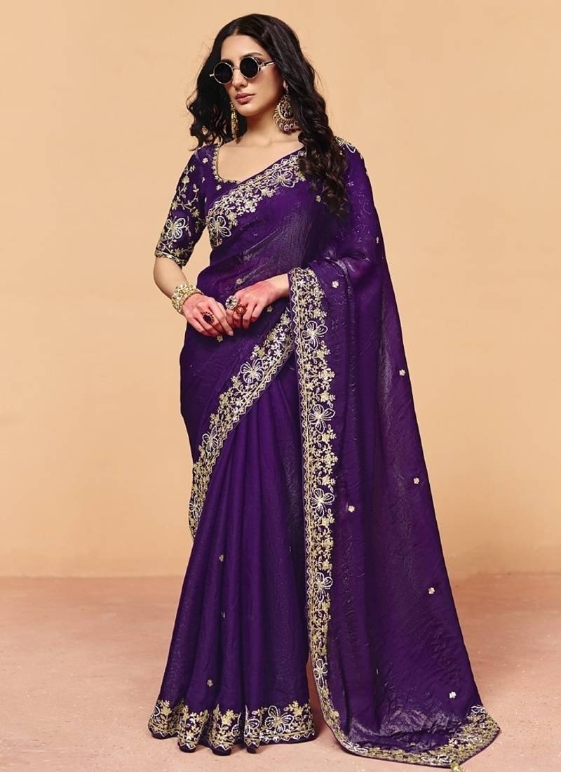 Dark purple organza crush with sequince heavy embroidery work designer ...