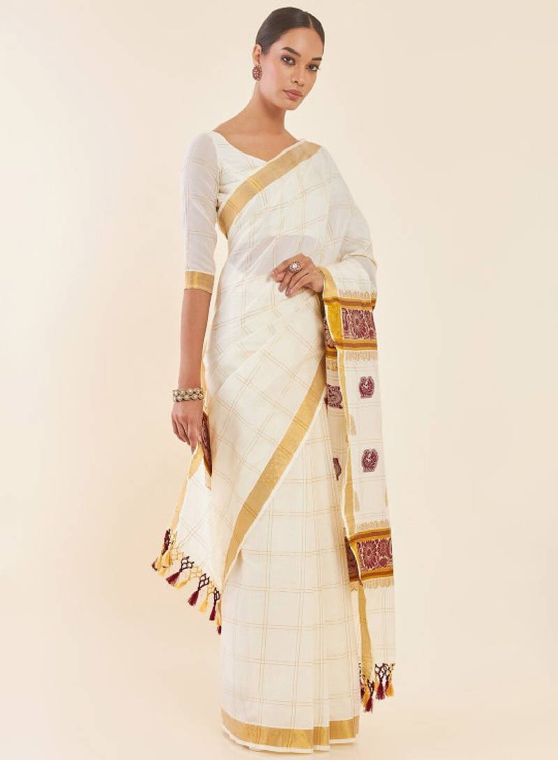 Off white & gold-toned ethnic motifs woven design zari pure cotton ...