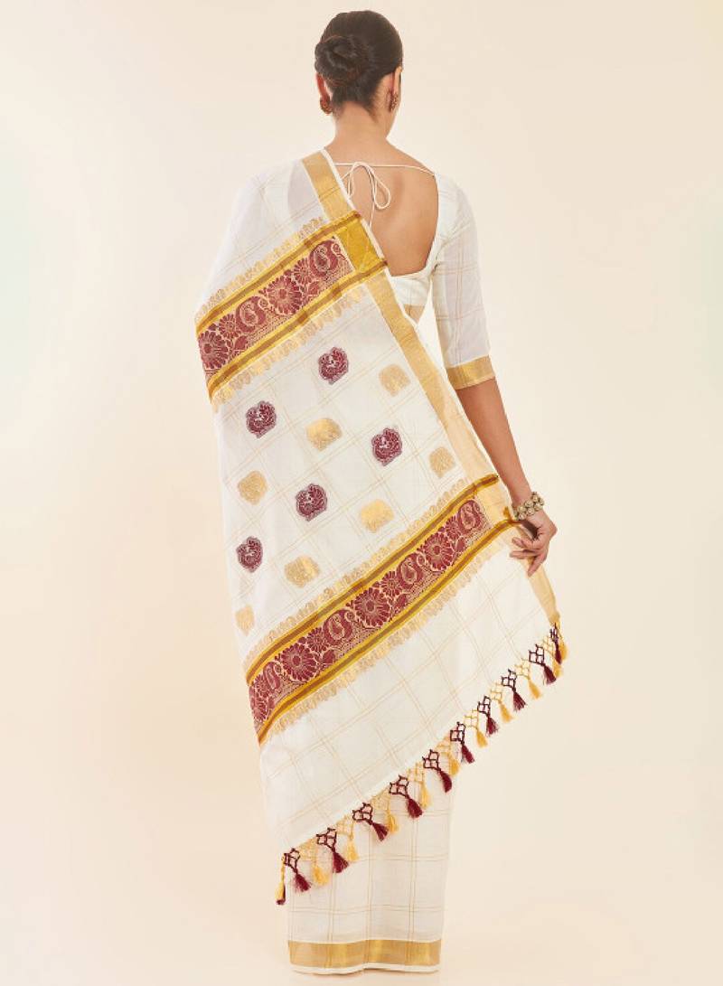 Off white & gold-toned ethnic motifs woven design zari pure cotton ...
