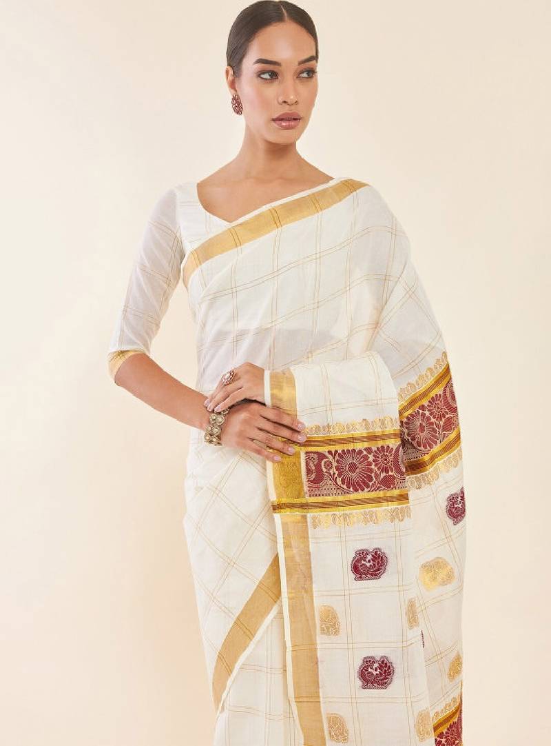 Off white & gold-toned ethnic motifs woven design zari pure cotton ...