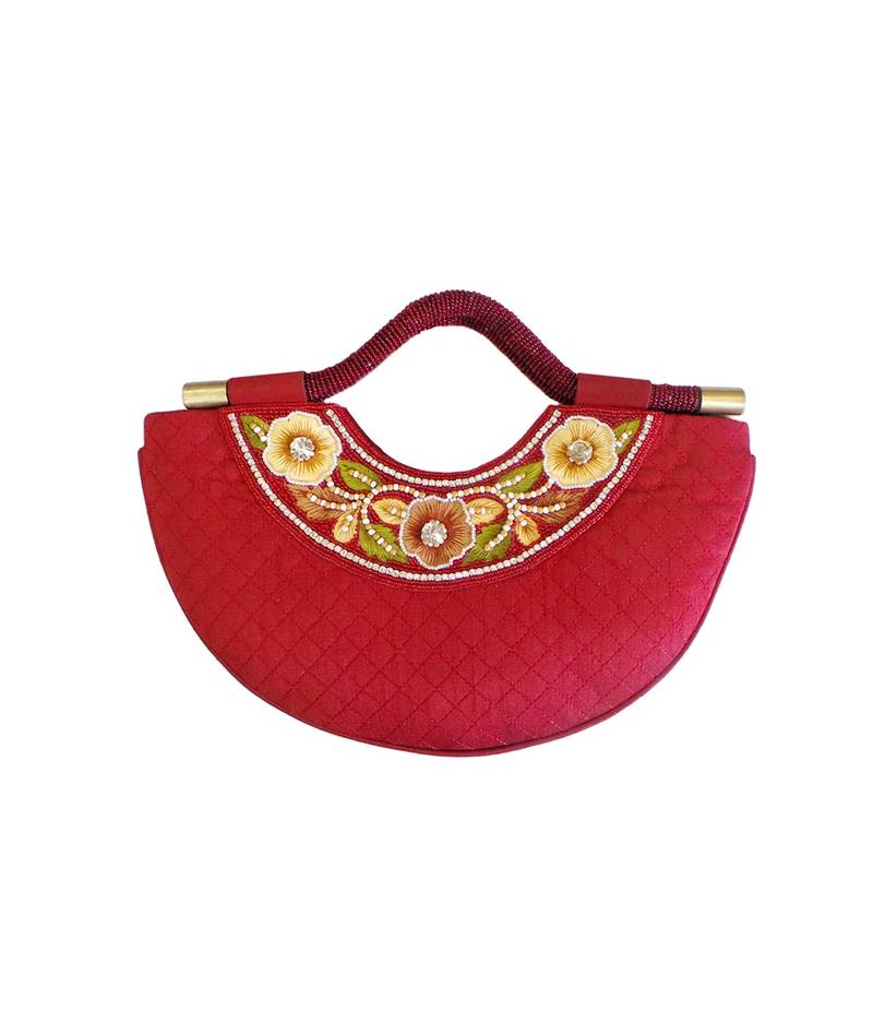 Quilted Raw Silk Crescent Handbag (Red) - Bhamini Fashion - 733293