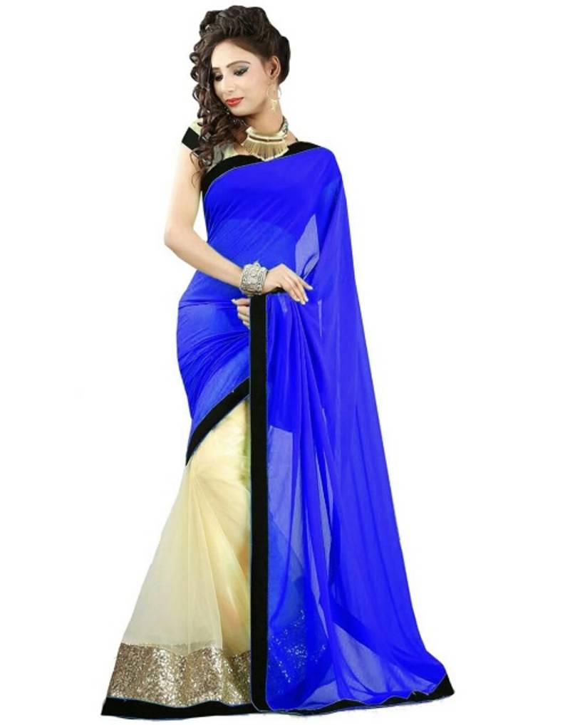 Blue brasso net saree with blouse - Henna Trendz - 747271