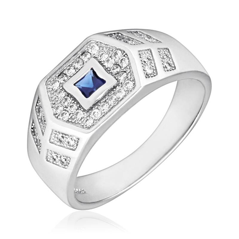Sterling Silver Hexa Blue Ring with CZ stones for Men - OM JEWELLS - 768589